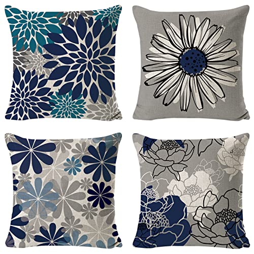 Set of 4 Decorative Throw Pillow Covers 18x18 Blue and Grey Modern Daisy Floral Pillow Covers for Living Room Farmhouse,Modern Simple Boho Cushion Bed Outdoor Home Decor