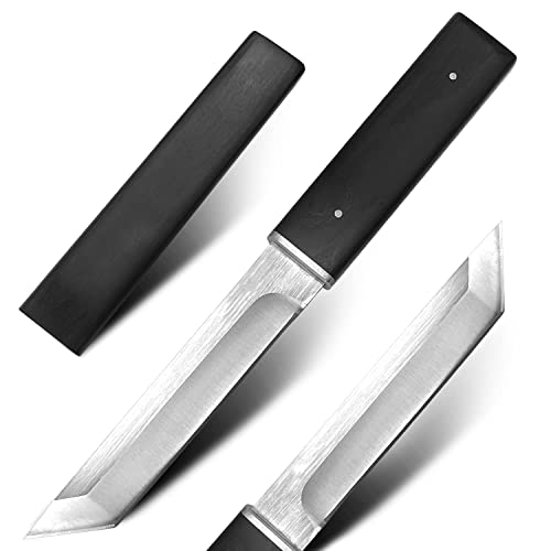 MADSABRE Handmade Custom Classic Japan Samurai Tanto Fixed Blade Katana 268 Floors Damascus VG10 Steel Outdoor Tactical,Combat,Hunting,Survival Knives +Wooden Sheath (Silver -D2 Steel)