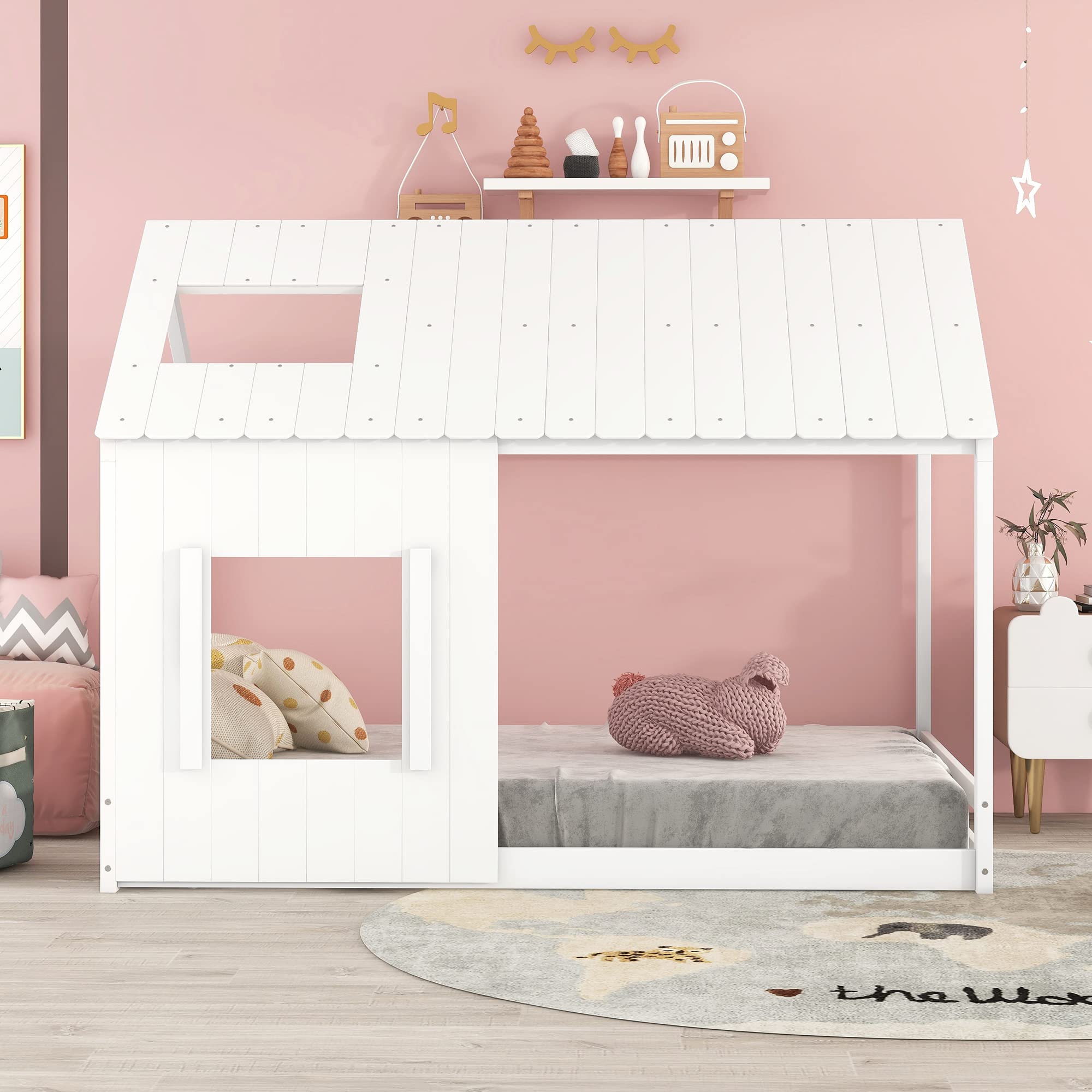 DOLPRNE Full Size House Bed,Modern Floor Bed Frame with Roof and Window,Solid Wood Platform Bed Frame for Kids Teens Girls Boys Bedrooms,White