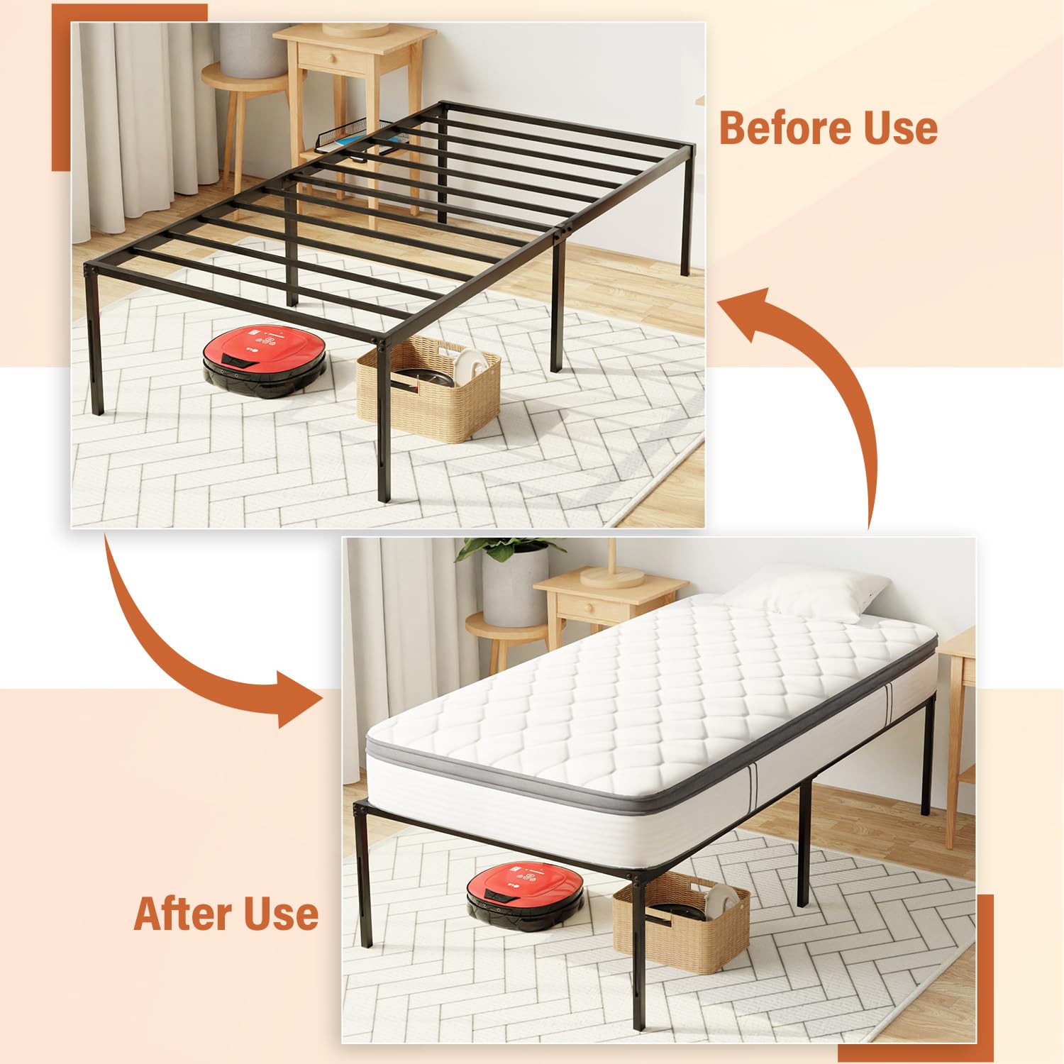 MGHH Heavy Duty Platform Bed Frame Twin Size with Storage Space Underneath, No Box Spring Needed, Easy Assembly, Mattress Foundation,Noise-Free,Twin
