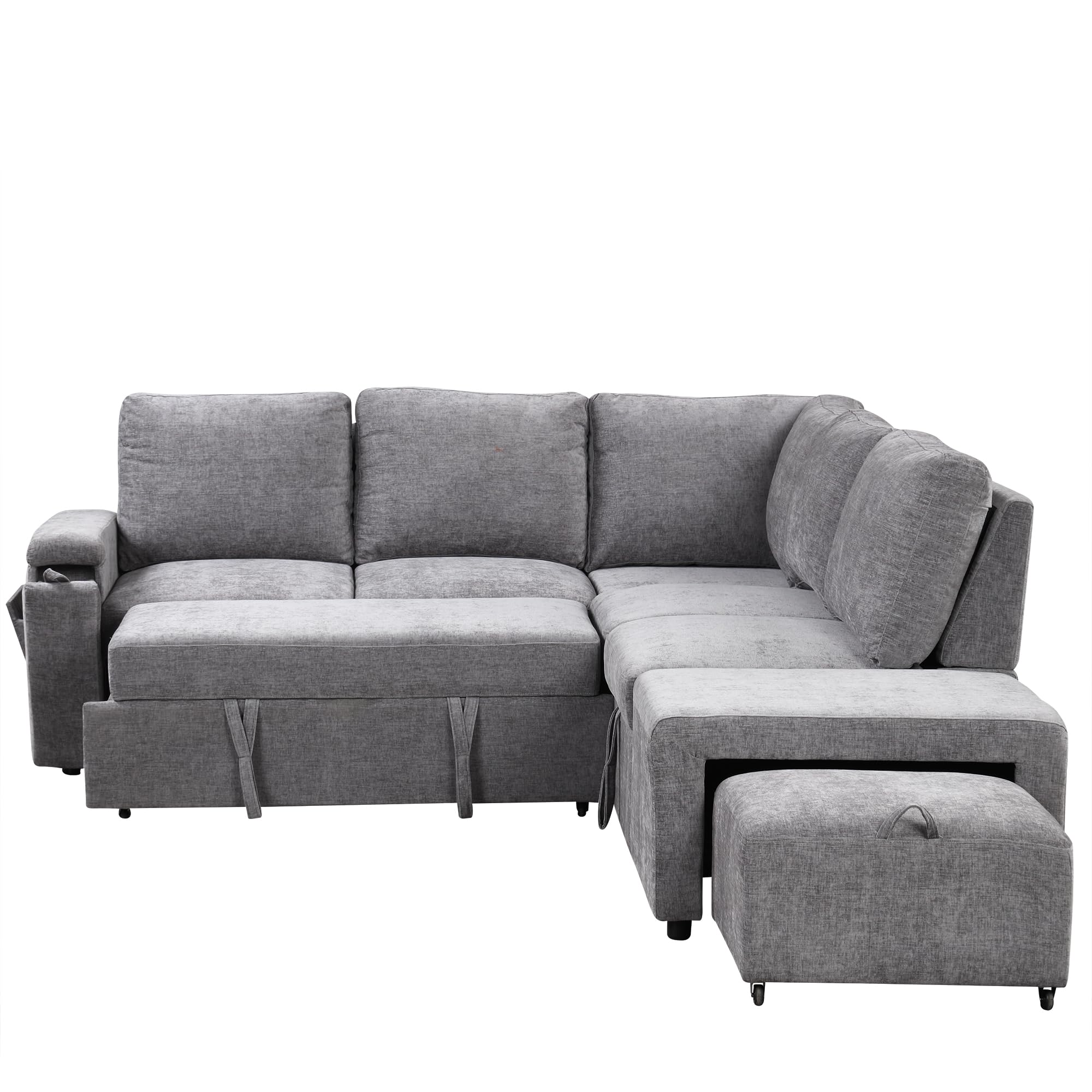 LUMISOL Sectional Sofa with Storage Space, 6 Seat Modular Couch with Cup Holders on The Armrests and USB Ports, L-Shaped Indoor Funiture with Ottoman and Pull-Out Structure for Living Room, Gray