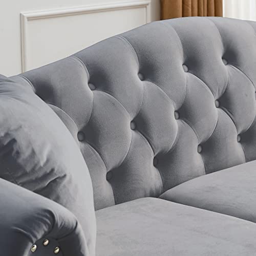 kevinplus 79" Velvet Chesterfield Sofa for Living Room, Modern Upholstered Tufted 3 Seater Sofa Tufted Couch with Rolled Arms and Nailhead for Living Room Bedroom Office Apartment, 2 Pillows, Grey