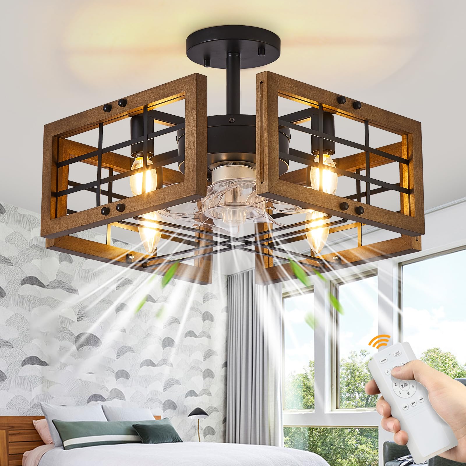 Doltoro Ceiling Fans with Lights Remote, Flush Mount Ceiling Fan with Lights 3 Color Dimmable LED, Black Modern Square Ceiling Fans Light for Kitchen Bedroom Living Room