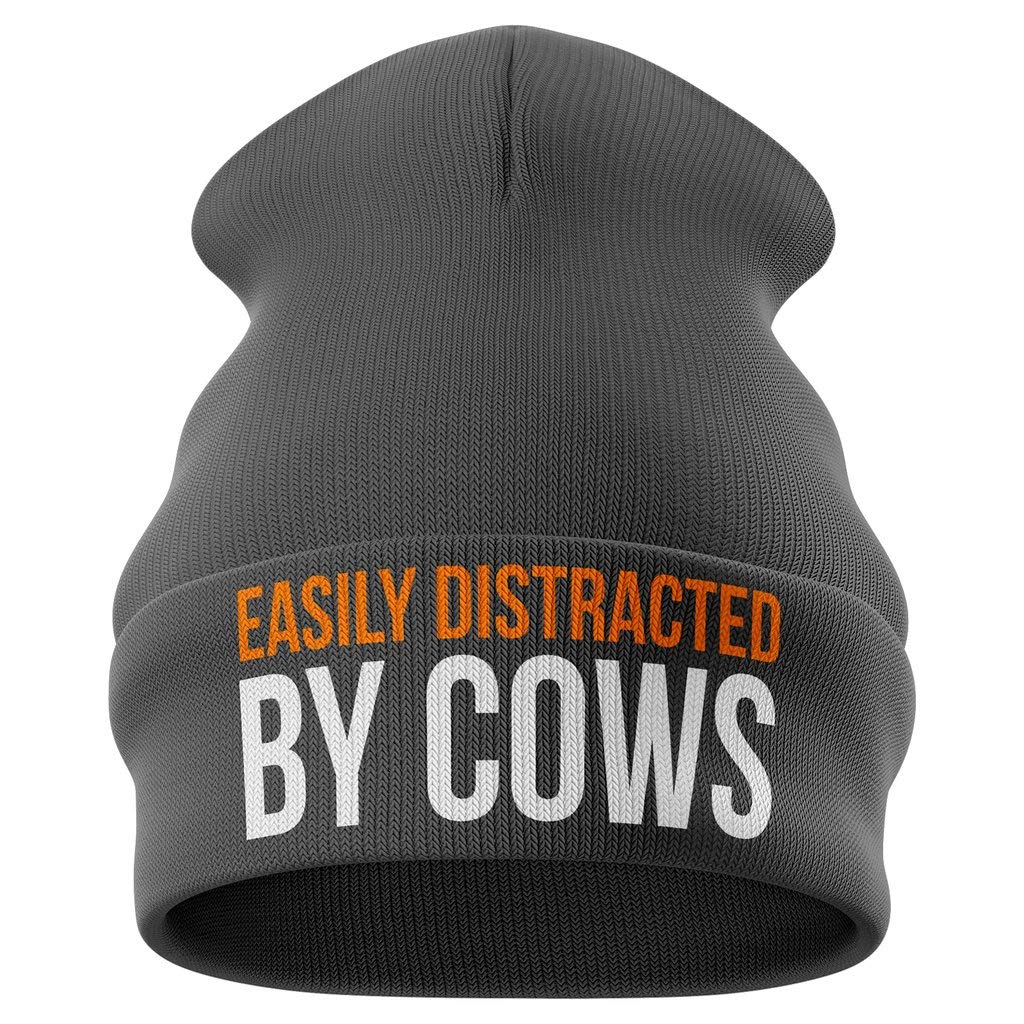 Farming Gifts - Easily Distracted by Cows Funny Beanie Hat - Tractor Gifts Farmers Gifts Black