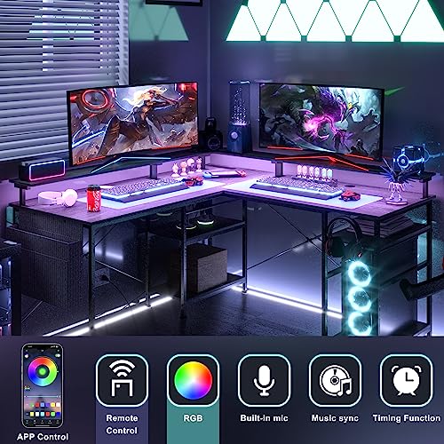 Tbfit L Shaped Desk, Reversible Corner Computer Desk with Power Outlet and LED Strip, Gaming Computer Desk with Monitor Stand and Storage Shelf, 2 Person Long Writing Study Table, Grey