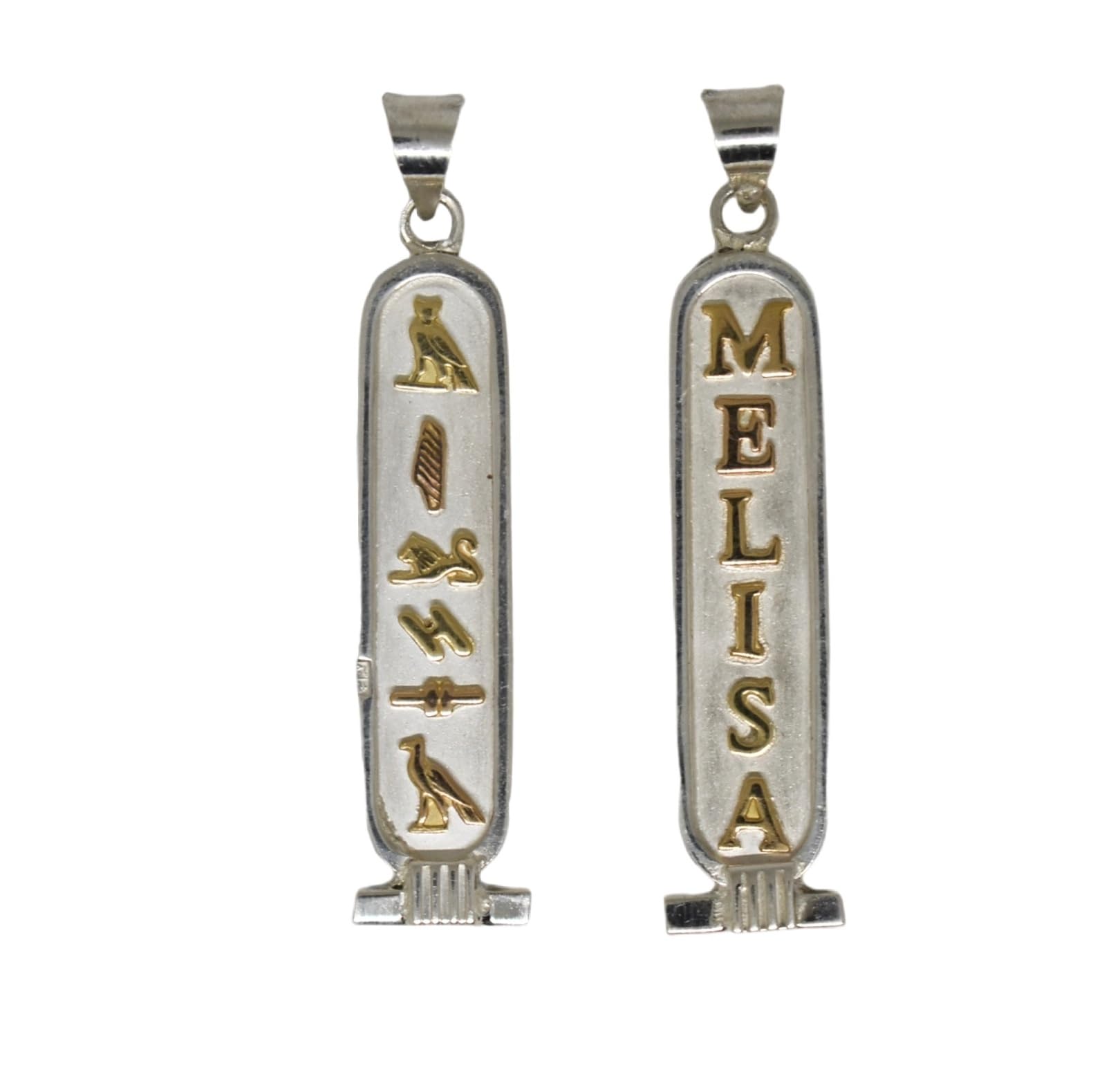 FAMA.store Customize Personalized pendant Egyptian Cartouche Necklace Sterling Silver and 18k gold symbols one Side Translate into Hieroglyphs Handmade in Egypt (1.75 inch (4-5 Letters))
