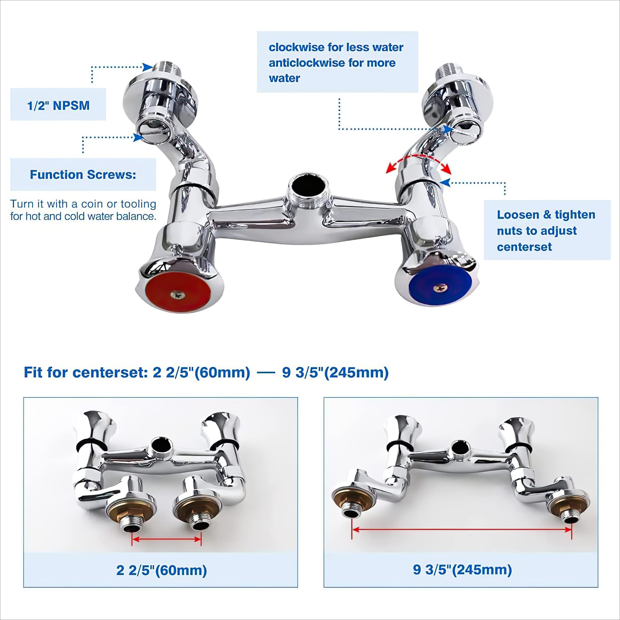 MaxSen Commercial Faucet with Sprayer Wall Mount Faucet Adjustable 4"-8" Center Commercial Kitchen Sink Faucet Pre Rinse Faucet with Spray Valve 25" Height and 12 inch Add on Spout Chrome Finsh