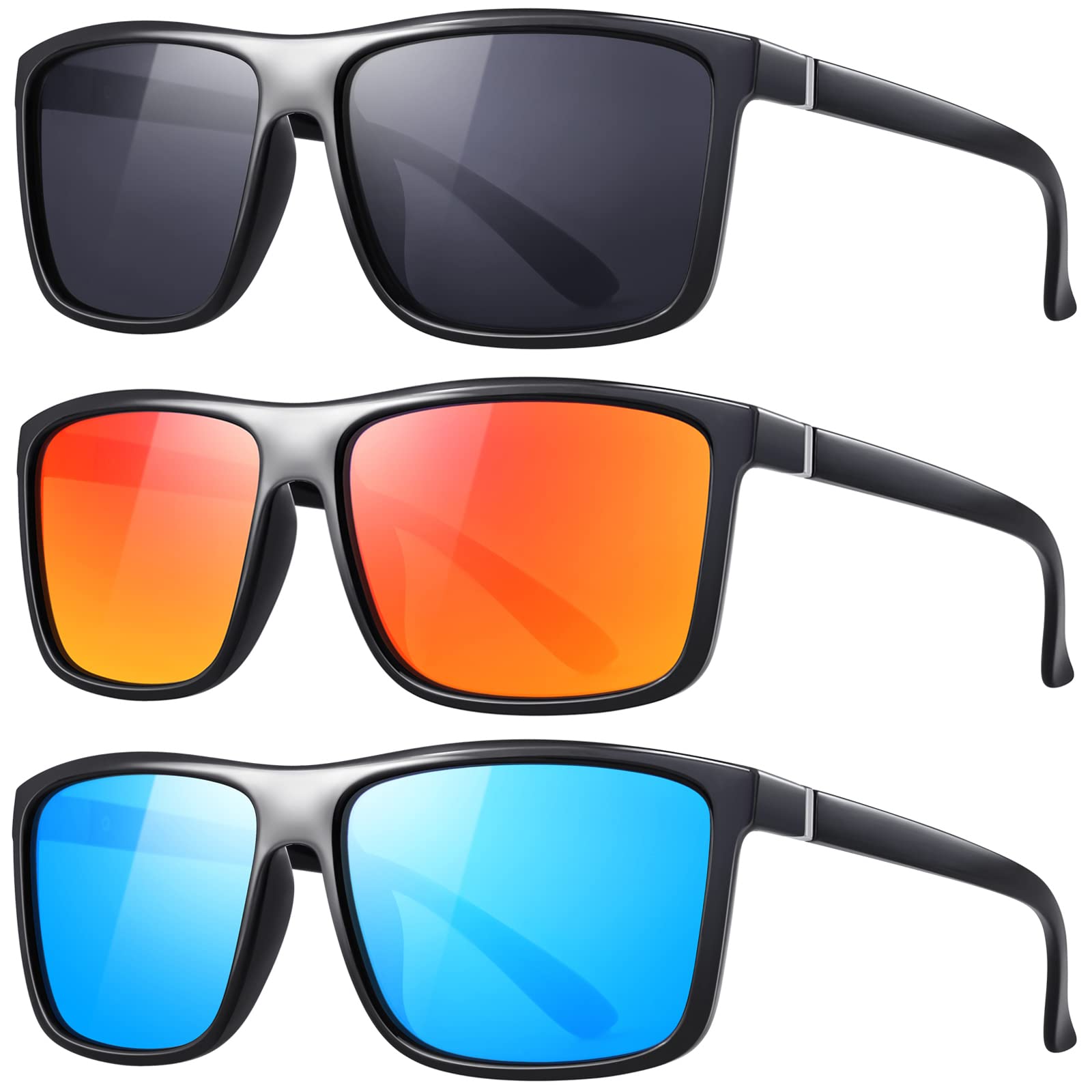 FURISHQI 3 PACK Square Polarized Sunglasses for Men Vintage Style Driving Travel Sun Glasses 100% UV Protection Goggles