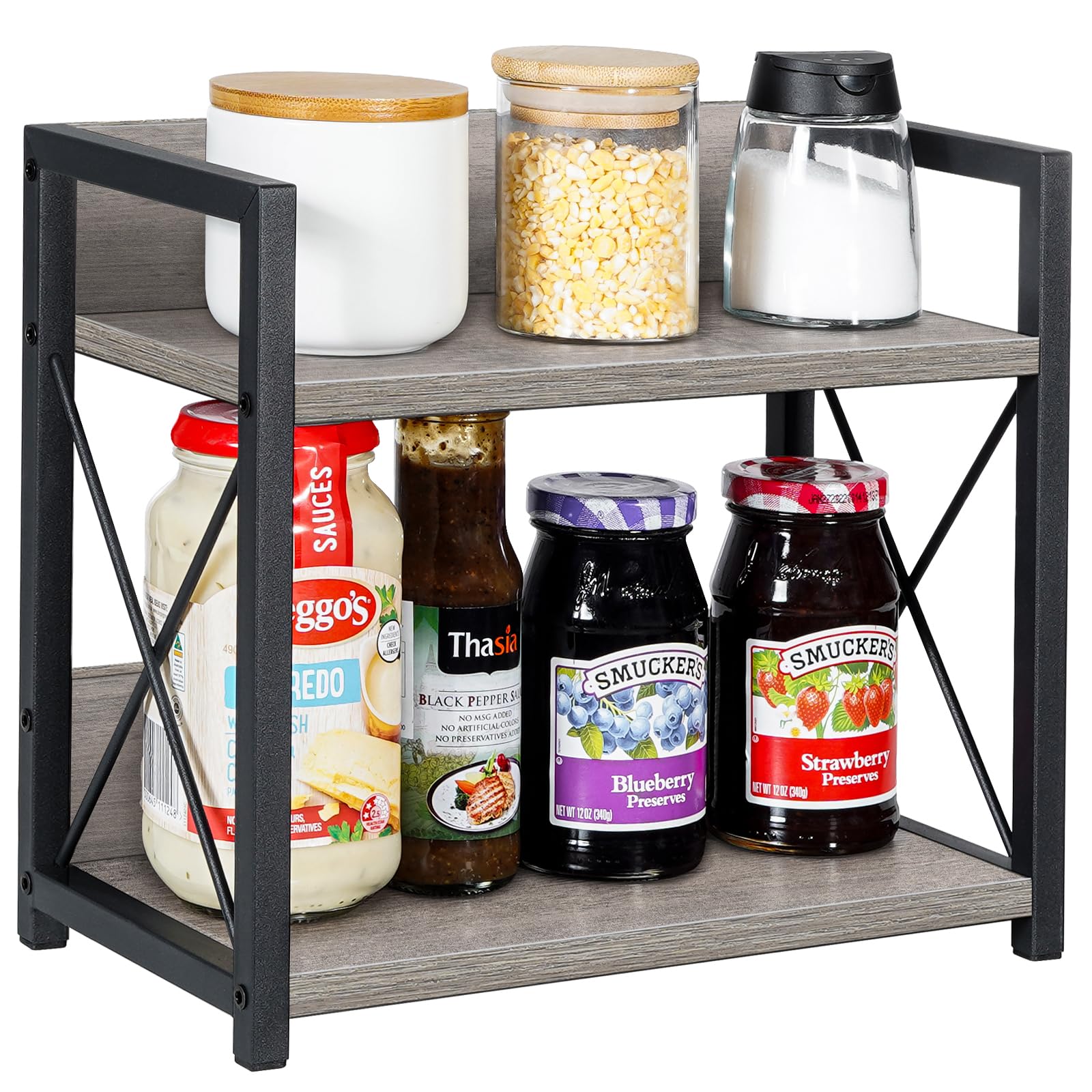 Giikin Countertop Shelf Organizer, 2 Tier Kitchen Spice Rack Organizer for Countertop, Wood Coffee Counter Shelf Organizer for Home (Smoky Grey)