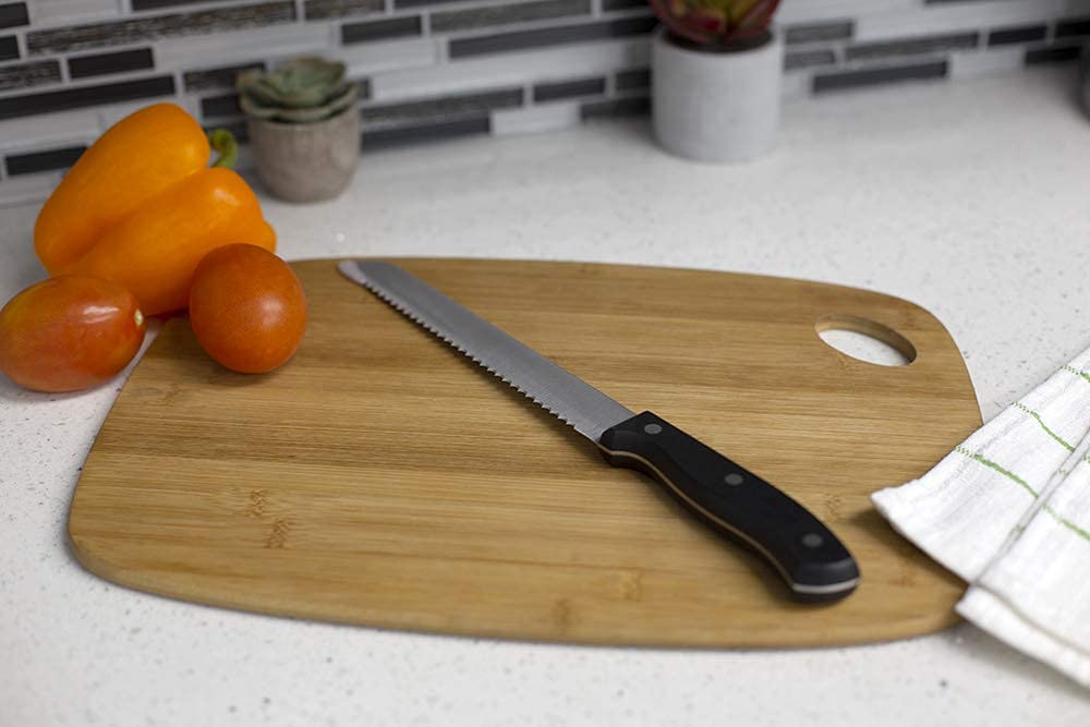 Home Basics 8", Black Stainless Steel Bread Knife with Contoured Bakelite Handle