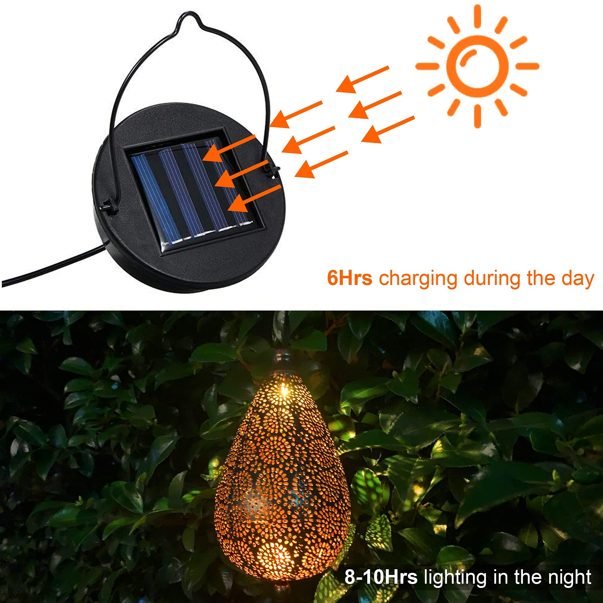 MAGGIFT 2 Pack Solar Hanging Lights, Solar Powered Decorative Retro Lantern with Handle, Warm White LED Christmas Garden Boho Flower Lights, Metal Drop Shape Waterproof Outdoor Yard Tree Fence Patio