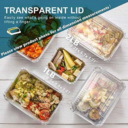XIAFEI 1LB Aluminum Pans with Clear Lids (50PACK),Foil Pans - to Go Food Containers,Recyclable Aluminum Foil with Strong Seal for Freshness & Spill Resistance- 5.5"x 4.5"x 1.57"