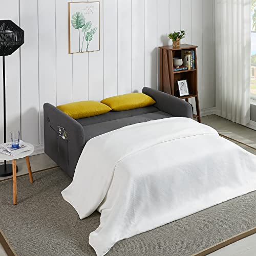 ERYE Sleeper Futon Couch Bed W/Pull Out Sleep Daybed, 3-in-1 Functional Love Seat Reclining Backrest Sofa&Couch, Gray Polyester W/Side Pockets USB Ports