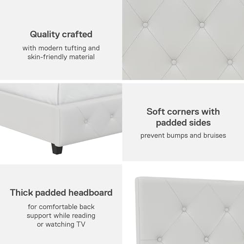 DHP Dakota Upholstered Platform Bed with Diamond Button Tufted Headboard and Footboard, No Box Spring Needed, Queen, White Faux Leather