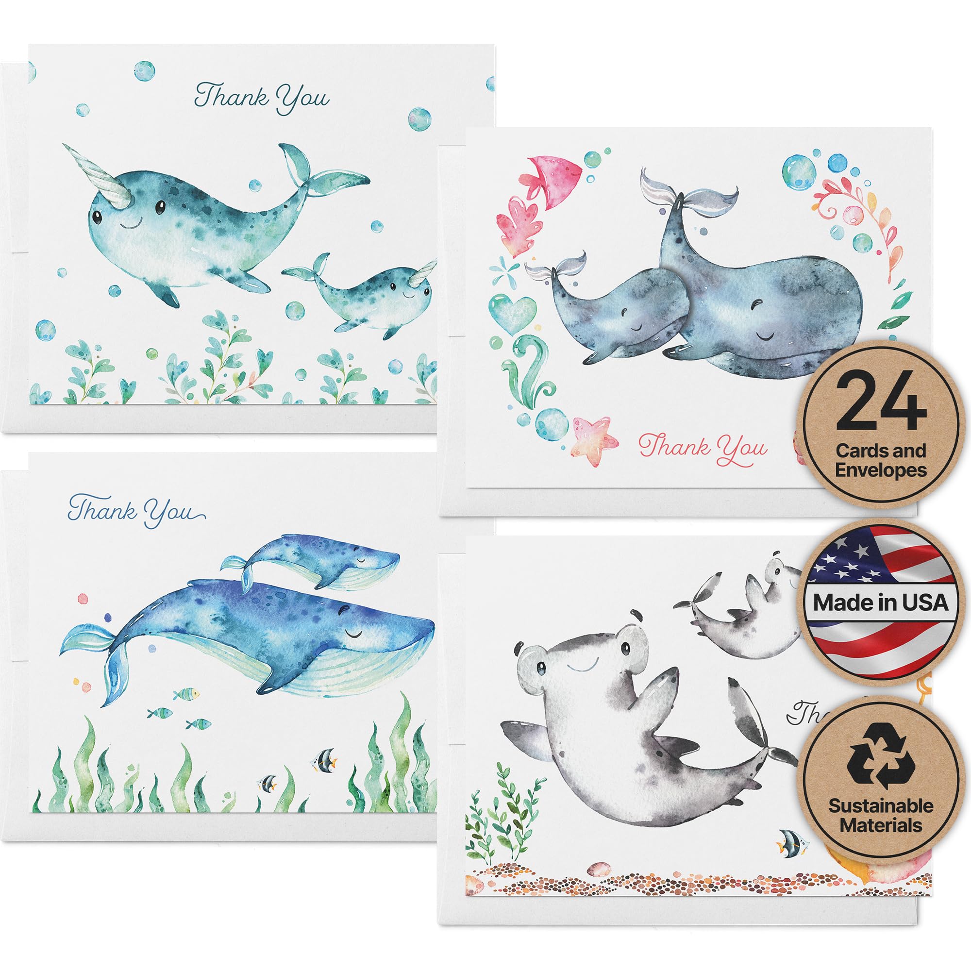 Twigs Paper - Baby Shower Thank You Cards - Ocean Themed Assorted Thank You Card Set - 24 Blank Cards With Envelopes - Eco Friendly Stationery - (5.5 x 4.25 Inch) - Made In USA