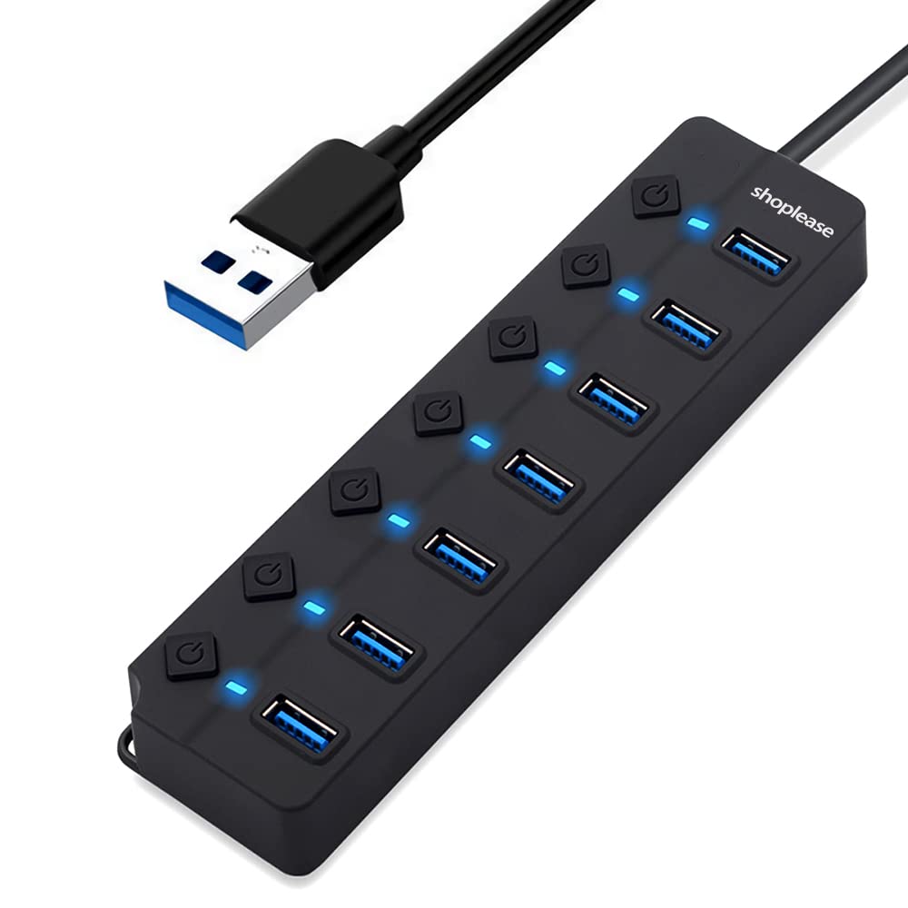 USB 3.0 Splitter, 7-Port USB 3.0 Hub with Individual Power Switches and Lights, Portable Expansion Data Hub with Type C Adapter for Windows 10, 8.1, 8, 7, Vista, XP, Linux, Mac OS X