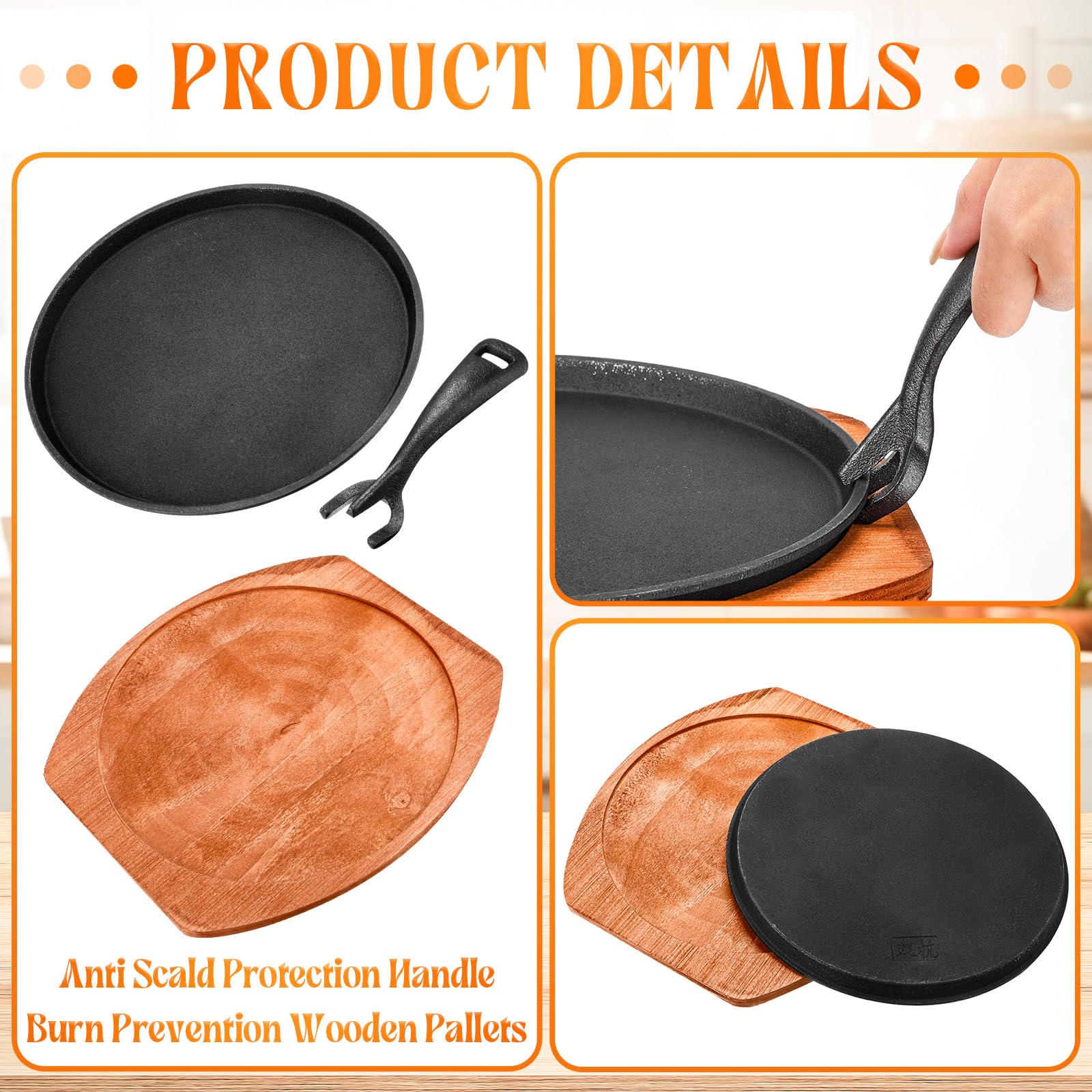 Mimorou 4 Sets Cast Iron Fajita Plate Set 9.84'' Steak Plate Sizzling Pan with Wooden Base and Gripper for Home Restaurant Kitchen Catering Cooking for Grilling Meats Seafood