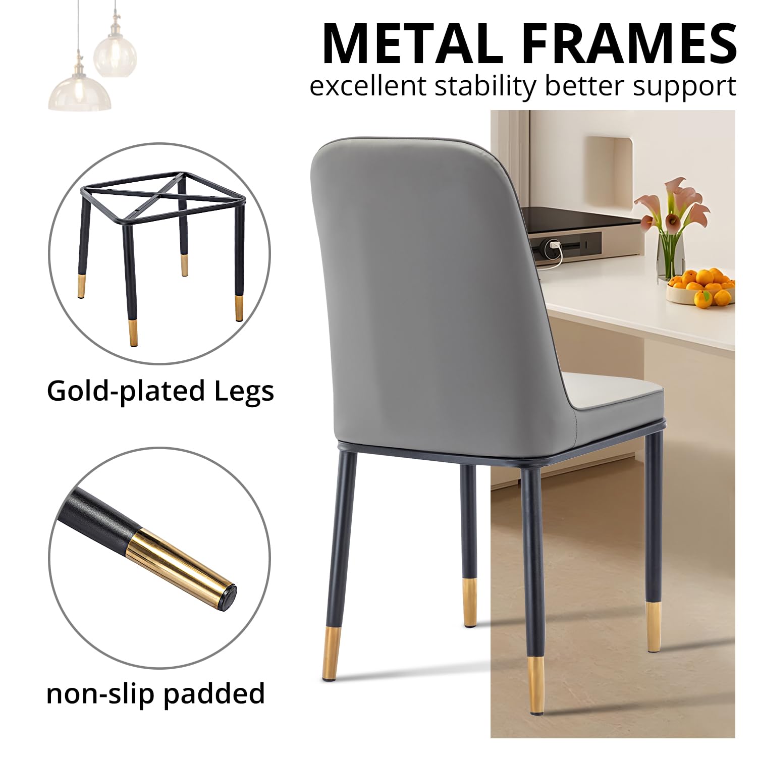 Dining Chairs Set of 4, Upholstered Dining Chairs with High Back and Metal Legs, Kitchen & Dining Room Chairs in Leather, Mid Century Modern Dining Chairs for Living Room, Restaurant, Kitchen, Beige
