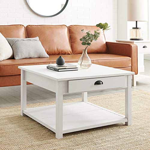 Walker Edison Modern Country Square Coffee Table Living Room Accent Ottoman Storage Shelf, 30 Inch, Brushed White