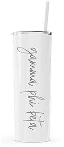 Go Greek Chic Gamma Phi Beta Laser Engraved Skinny Tumbler with Straw (White)