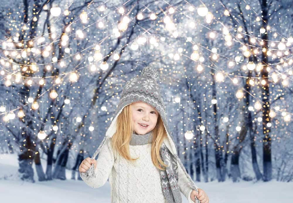 Funnytree 7x5ft Winter Scene Backdrop Wonderland Snowflake Photography Background Bokeh Glitter White Snow Forest Christmas Party Decoration Tree Landscape Kids Portrait Photobooth Photo Studio Props