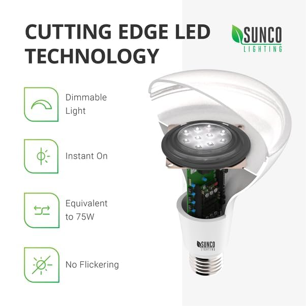 Sunco 4 Pack BR20 LED Bulbs Indoor Flood Light R20 Dimmable CRI93 2700K Soft White 50W Equivalent to 7W, E26 Medium Base, Recessed Can Lights for Home Living Area Ceiling Lights - UL