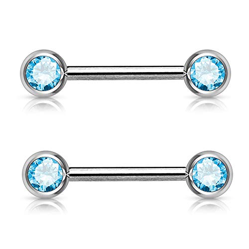 Dynamique 14G Pair Of Double Front Facing Gem 316L Surgical Steel Barbell/Nipple Bar
