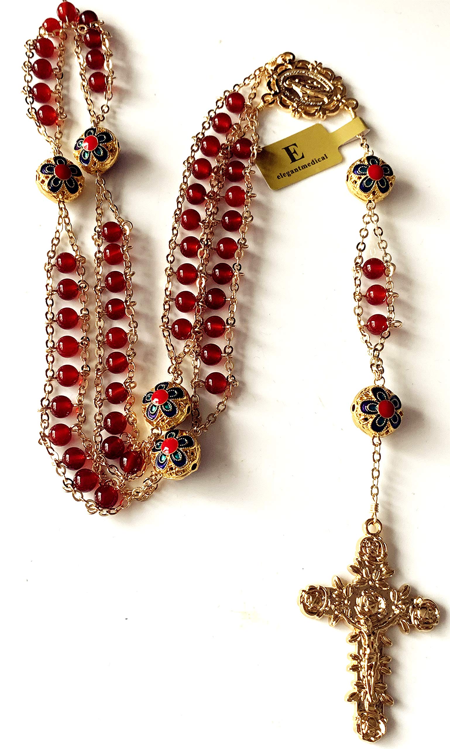 elegantmedical handmade Gold Ladder to Heaven Red Agate & Enamel Beads Catholic Rosary crucifix Necklace