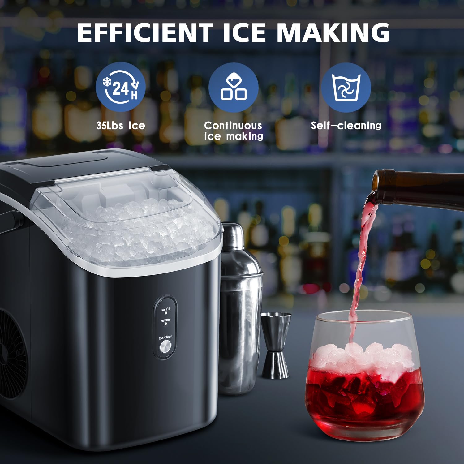 Nugget Ice Makers Countertop, Crushed Ice Maker with Handle,35Lbs/24H,Soft Chewable Ice, Pebble Ice Maker with Self-Cleaning, Ice Scoop and Ice Basket,for Home,Office,Kitchen（Inkiness）