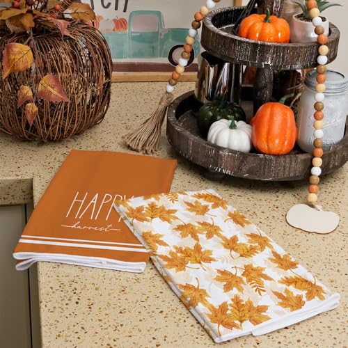 GEEORY Fall Kitchen Dish Towels Set of 2 for Fall Decor,Happy Harvest Printed Maple Leaves 18x26 Inch Drying Dishcloth,Farmhouse Home Decoration GD119