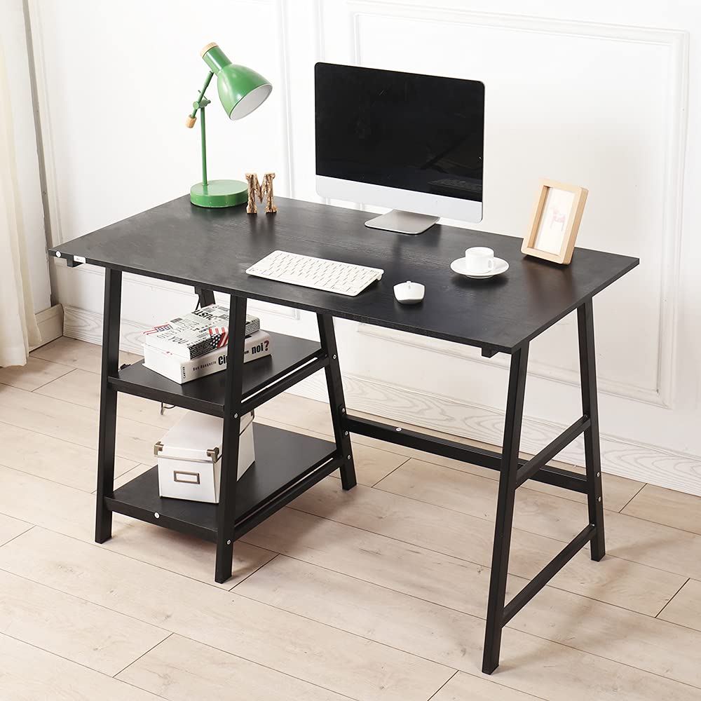 Trestle Desk with 2 Shelves, soges 47 inches Reversible Storage Desk with Racks, Home Office Computer Desk Organizer Workstation, Student Desk Wooden School Desk, Black