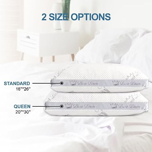 Luxe Linen Standard Pillows Set of 2, Shredded Memory Foam Pillows, Adjustable Bed Pillow for Sleeping, 18"x26"Organic Cotton Bed Pillows for Side, Back, Stomach Sleepers