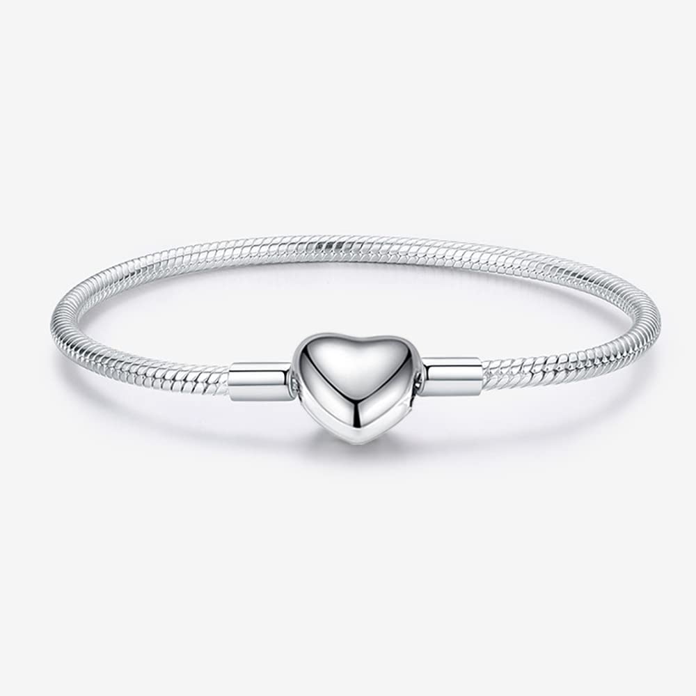 DEWHLIA Solid 925 Sterling Silver Heart Clasp Snake Chain Bracelet Fit For Beads Charms Bracelet 7.5 in
