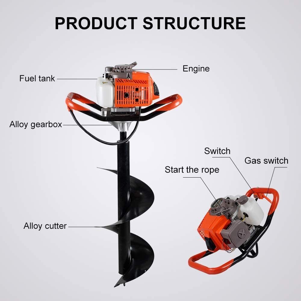 DC HOUSE 63CC Gas Powered Post Hole Digger with 8" Earth Auger Drill Bit, Post Hole Digger Auger Digging Tools, 2-3 Packages Shipping