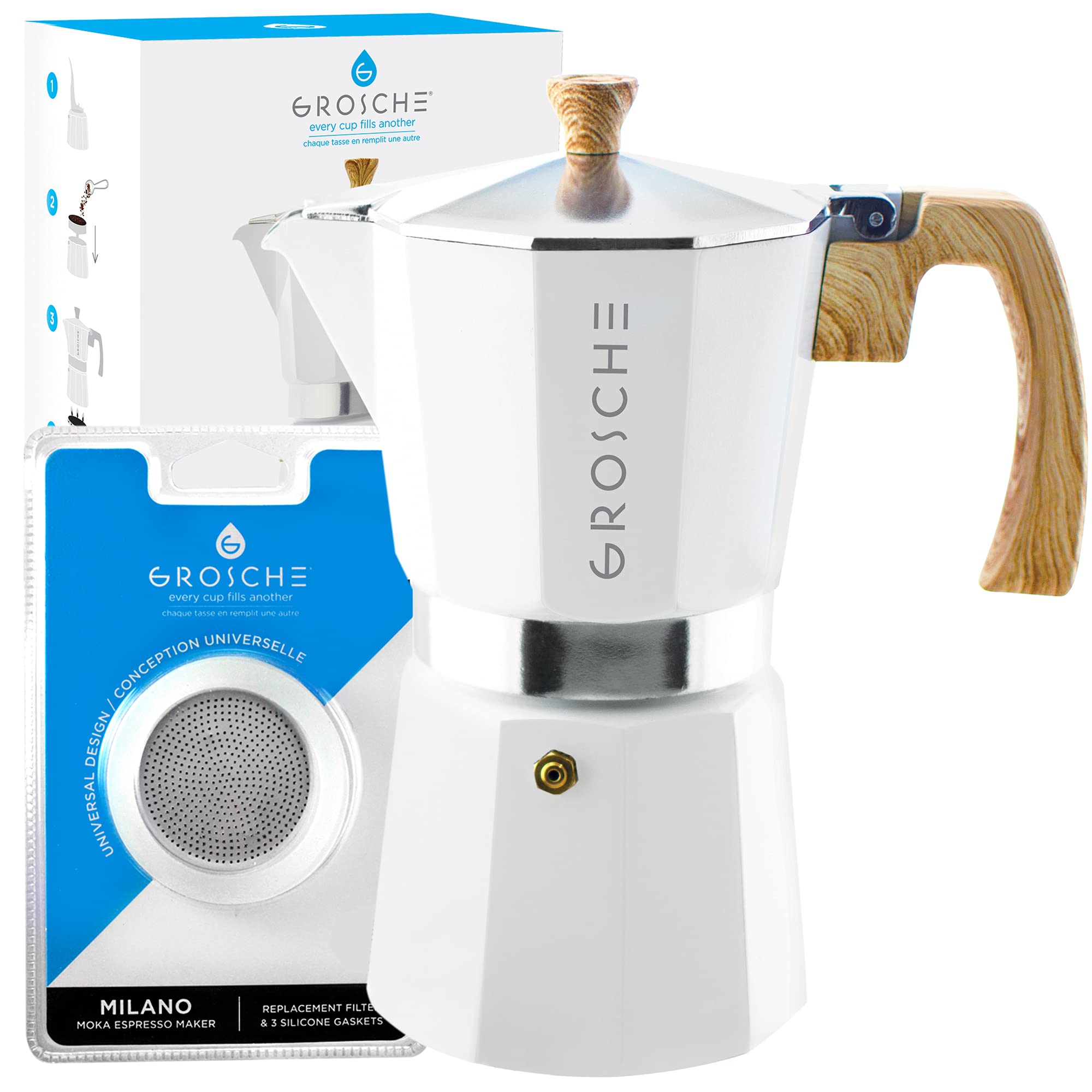 GROSCHE Milano Stovetop Espresso Maker Moka pot 9 espresso Cup - 15.2 oz, White and 3 Replacement Seals Gaskets Bundle Stove top coffee maker Moka Italian espresso coffee maker and replacement gaskets