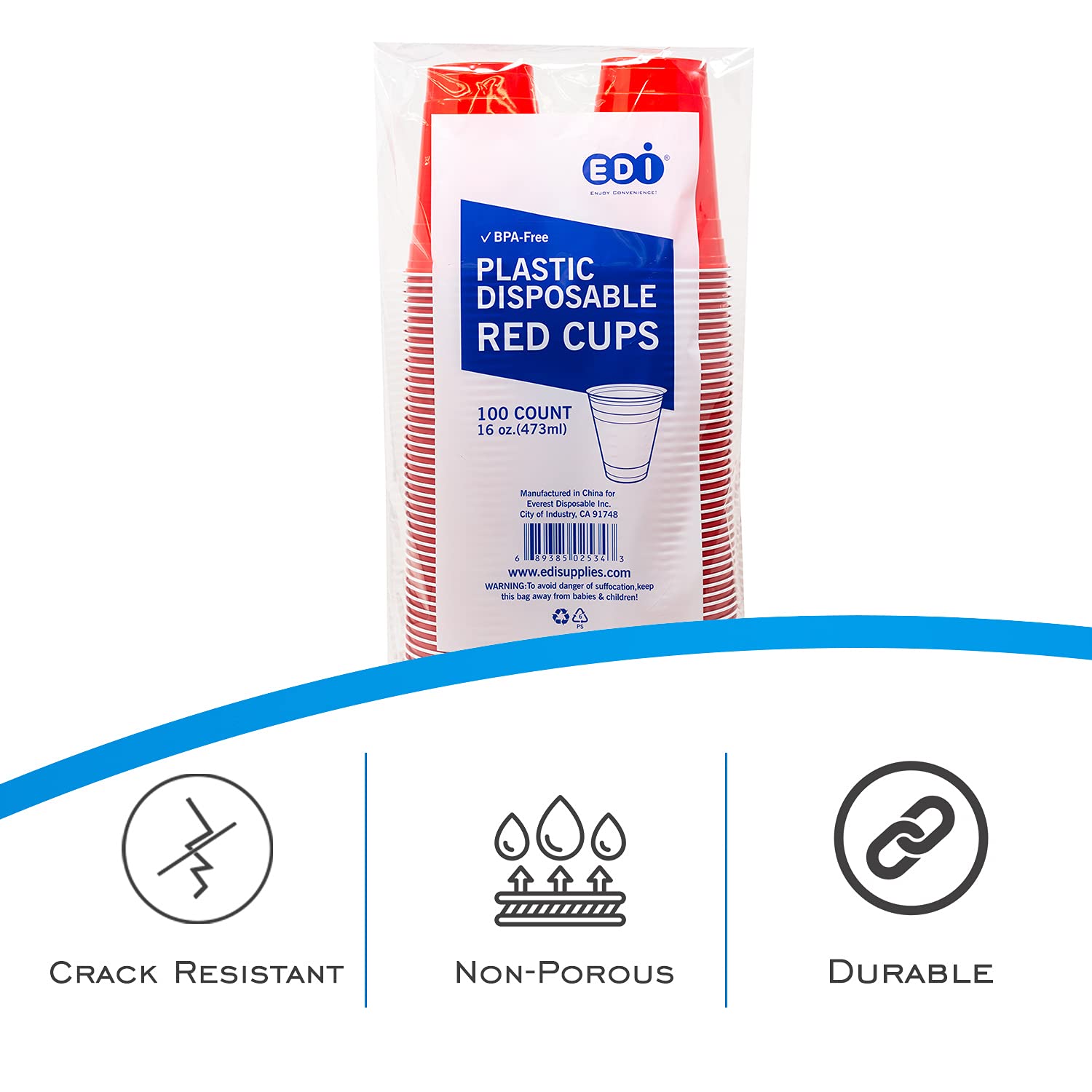 EDI PS Party Cups Red - 16 oz (100 pcs) (100, 16 Oz)