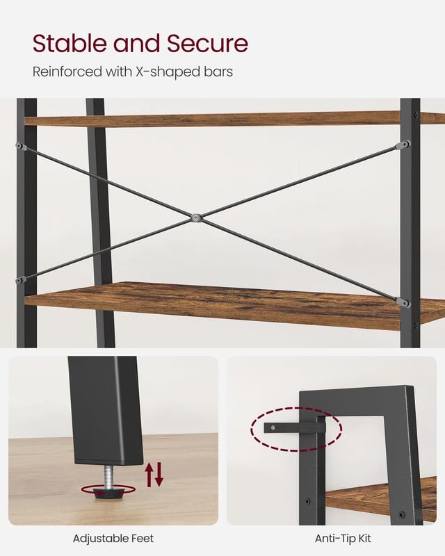 VASAGLE Ladder Shelf, 4-Tier Bookshelf, Storage Rack, Bookcase with Steel Frame, for Living Room, Home Office, Kitchen, Bedroom, Industrial Style, Rustic Brown and Black ULLS144B01