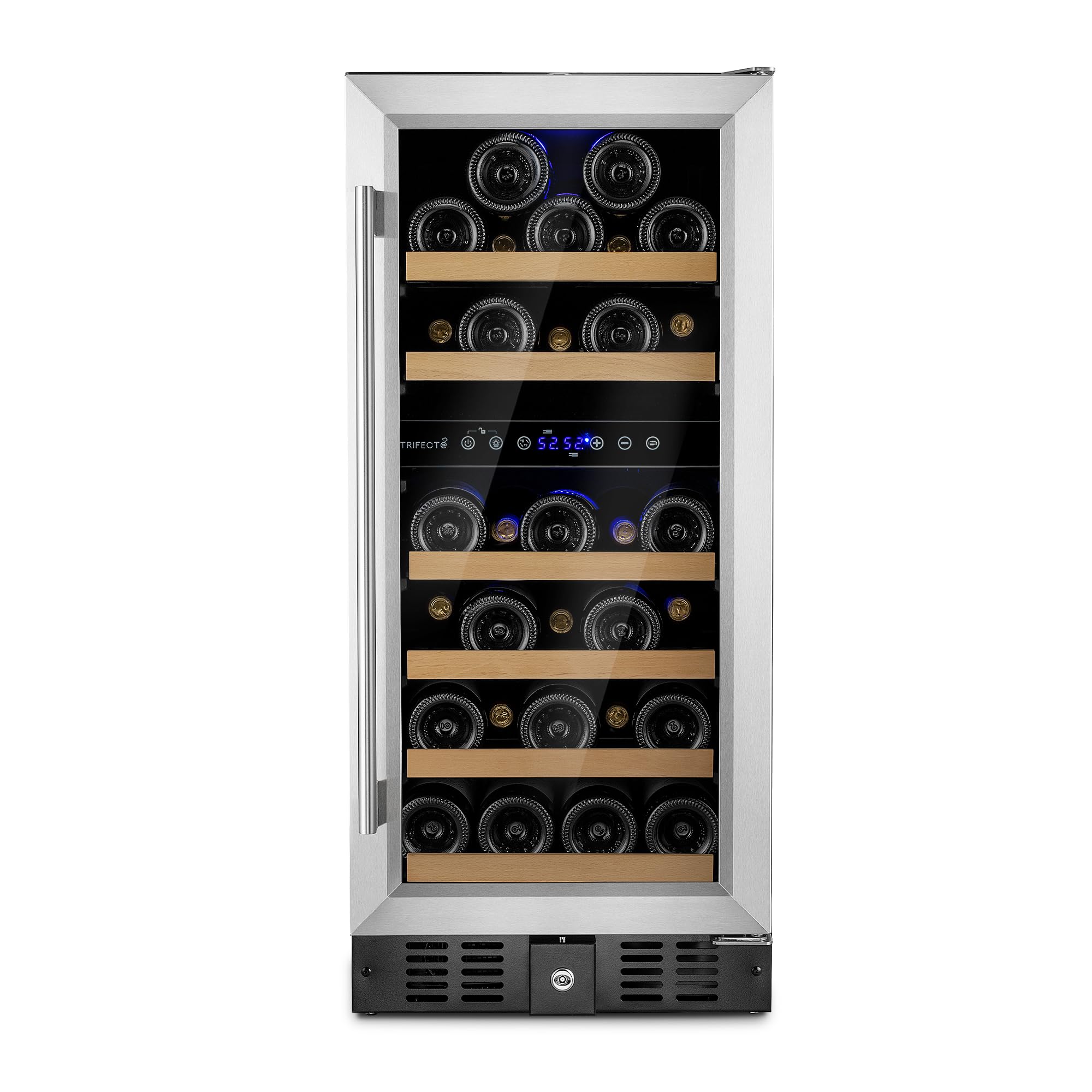 TRIFECTÉ Wine Cooler Refrigerator 15", 31 Bottles Dual Zone Wine Fridge, Built-in or Freestanding Small Wine Cellar with Compressor & Reversible Stainless Steel Tempered Glass Door