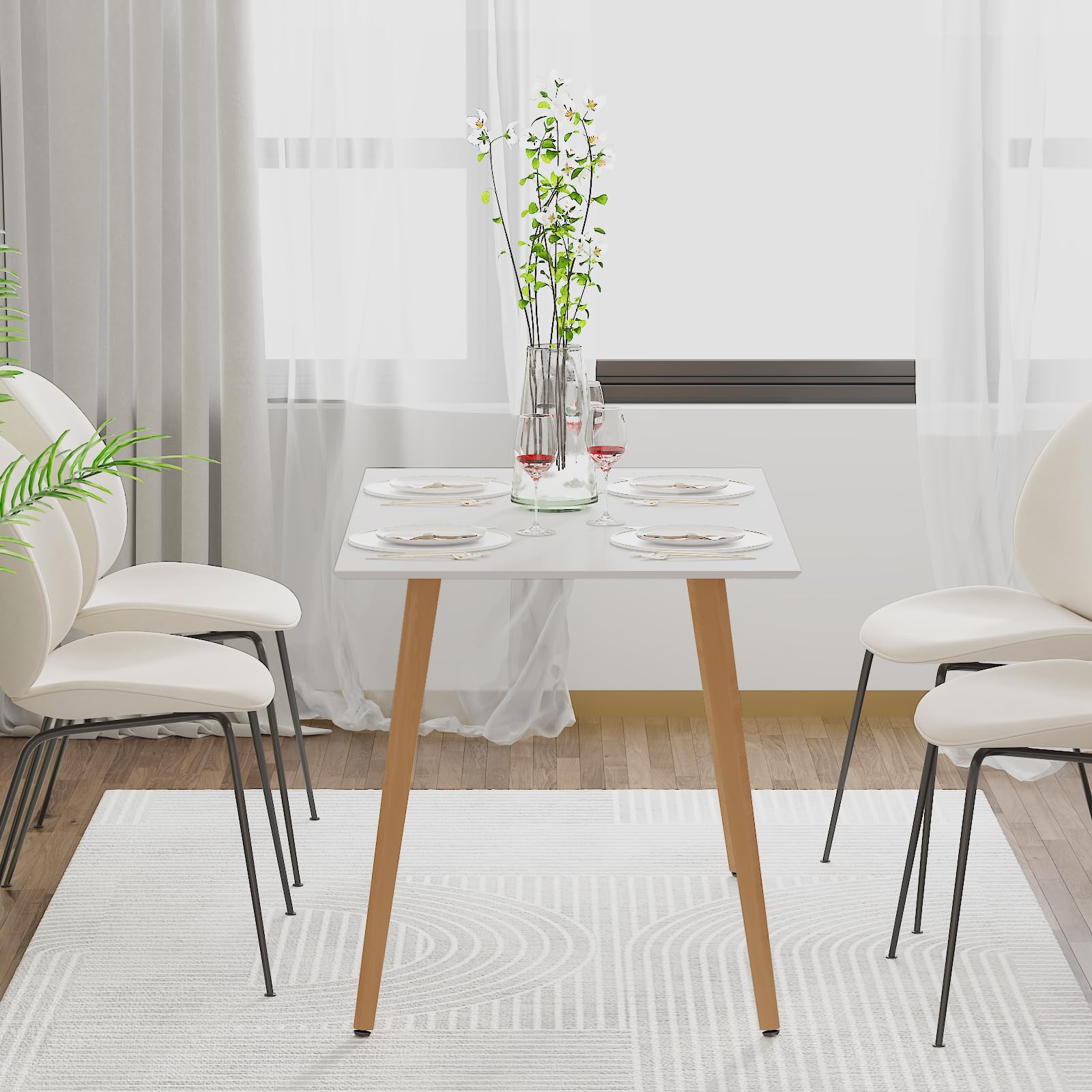 Dining Table, 43.3 Inch Modern Kitchen Table Rectangular Dinner Table for 4-6 People with White Tabletop & Solid Wood Legs for Home Office Kitchen Dining Room