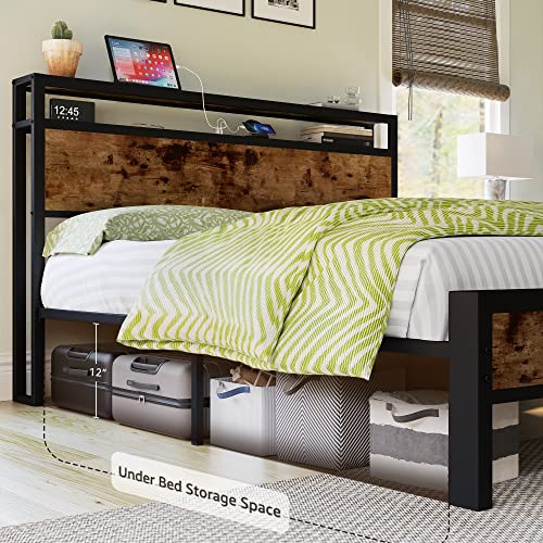 LUXOAK King Size Bed Frame, Platform Bed Frame with 2-Tier Storage Headboard and Charging Station/No Box Spring Needed/Noise Free/Industrial/Rustic Brown