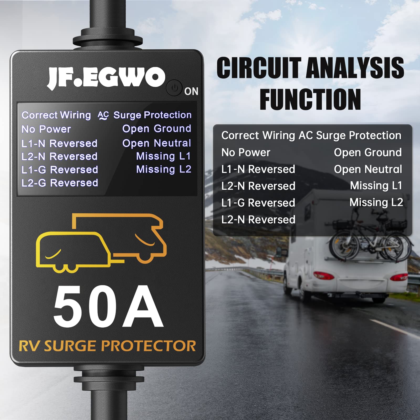 JF.EGWO 50A RV Surge Protector with Waterproof Cover, RV Circuit Analyzer with 6500J Surge Protection - 50 Amp RV Power Surge Protector with 3.55 Inch Smart LED Screen