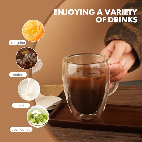 Liuruiyu Glass Coffee Mug Set of 4 Double Wall Clear Mugs, Insulated Coffee Cups with Handle Fits for Cappuccino, Tea, Espresso - 12oz