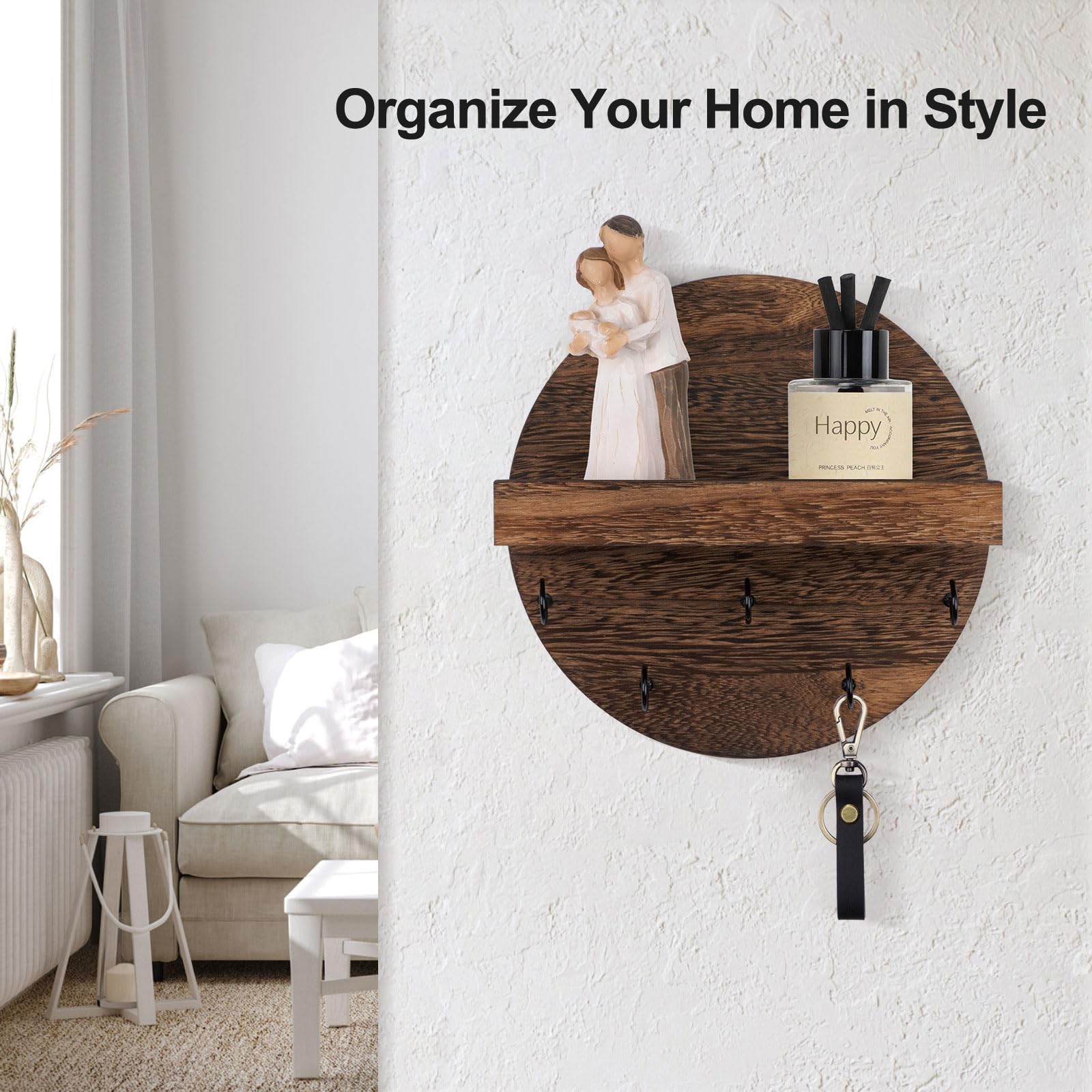 Lwenki Key Holder for Wall β Decorative Key Hook Shelf for Entryway Decor β 7.9 Inch Round Paulownia Wood Hey Hanger with 5 Metal Hooks Includes Mounting Hardware and Installation Guide