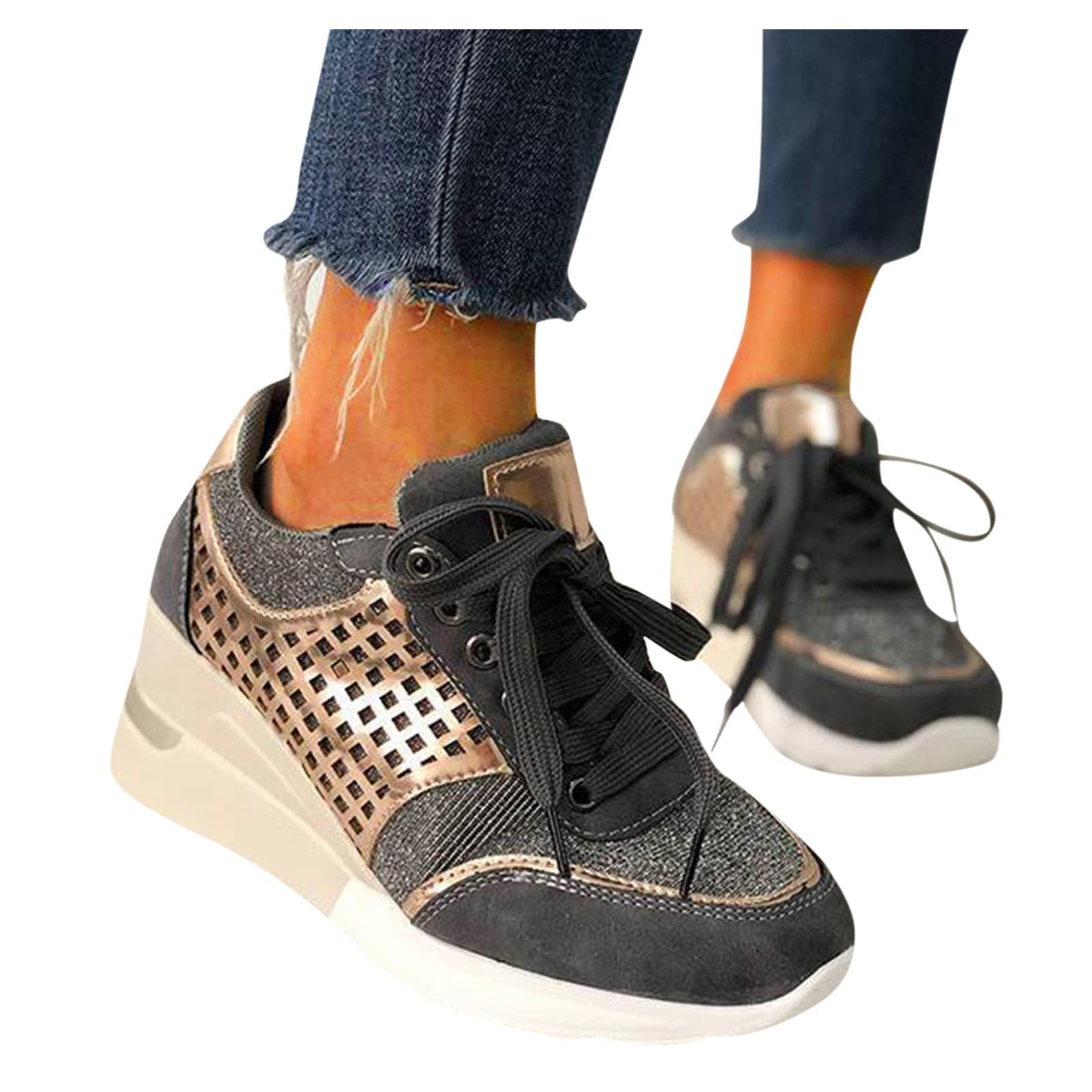 FASDNENDYS Ladies Fashion Leopard Print Leather Surface Breathable Casual Lace Up Wedge Close Toe Swim Shoes Grey