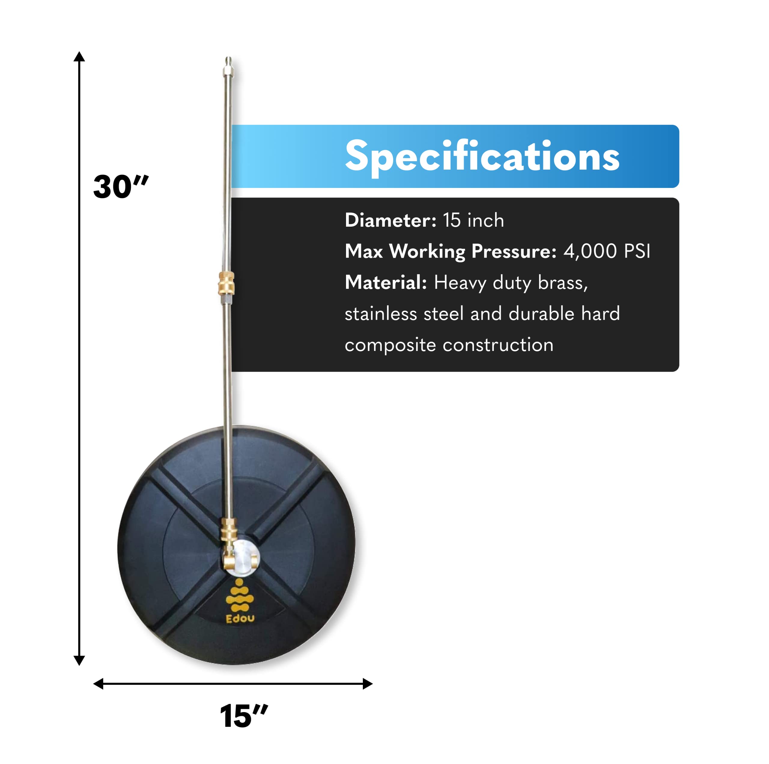 EDOU Direct Pressure Washer Surface Cleaner 15" | Composite, Heavy Duty Electric Power Washer | 4,000 PSI Max Working Pressure Machine | Includes: 2 Pressure Washer Extension Wand Attachments