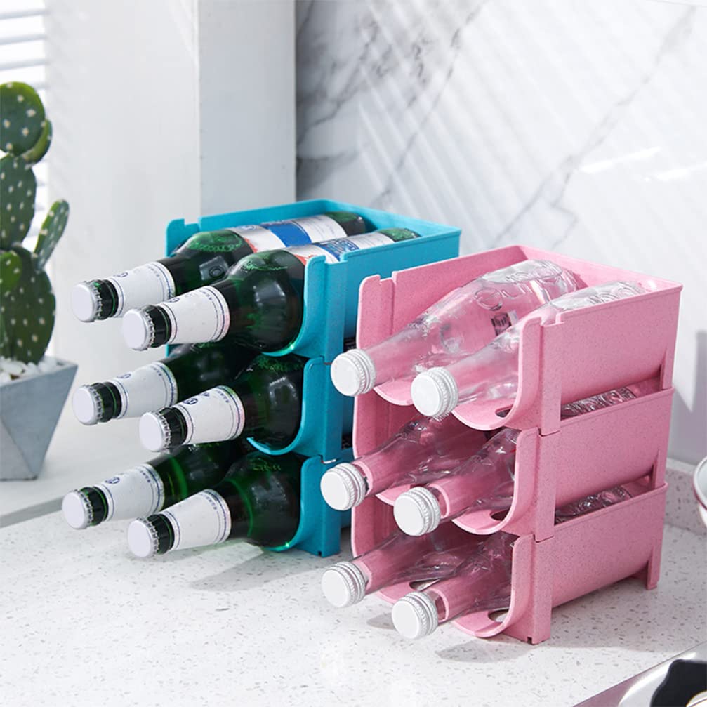 Hemoton 3pcs Refrigerator Bottle Storage Rack Wine and Water Bottle Organizer Stackable Plastic Wine Rack Beer Can Storage Box Holder for Pantry Countertop Pink