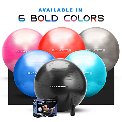 DYNAPRO - Exercise Ball, Extra Thick Anti-Burst Material, Heavy Duty Yoga Ball for Workout, Pregnancy and Physical Therapy, Hand Pump and Exercise Resource Included, Black