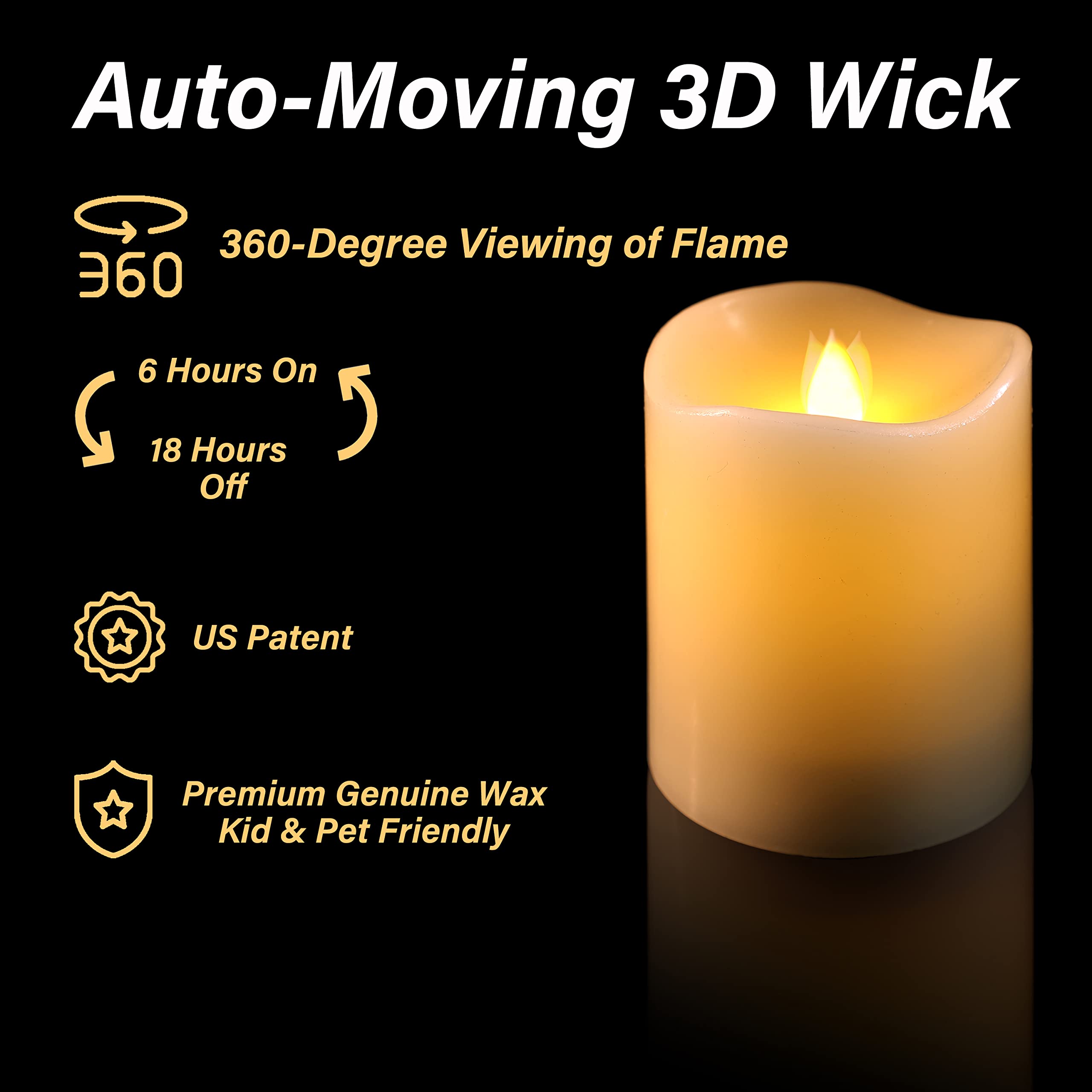 HoogaLife Flameless Candles Flickering Flame Effect (D 3" x H 4") Ivory Auto-Moving 3D Wick, LED Pillar Candles Real Wax with Timer Battery Operated and Remote to Buy Separately