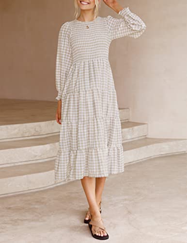 ZESICA Women's Casual Plaid Crew Neck Long Puff Sleeve Elastic Waist Smocked Flowy Tiered Midi Dress,Beige,Medium