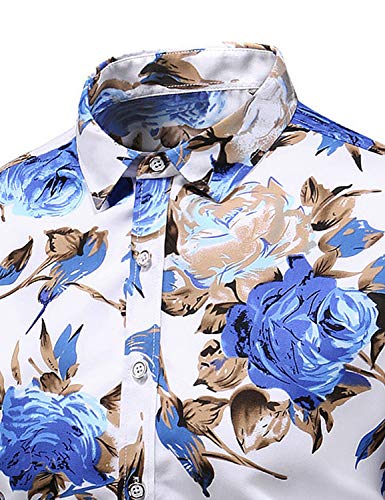 Men's Slim fit Printed Long-Sleeve Button-Down Dress Floral Shirt (Large Chest: 45.7 inch, White Blue)